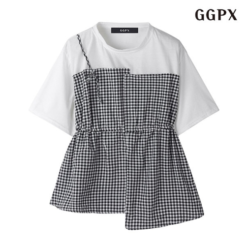 GGPX 체크 배색 허리 스트링 프릴 반팔 티셔츠 GOBLW001D : 에누리 가격비교