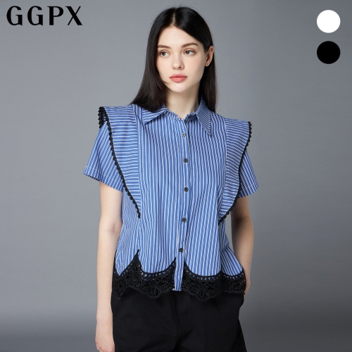 GGPX 레이스 배색 카라 스트라이프 블라우스 GO6SH040F - 에누리 가격비교