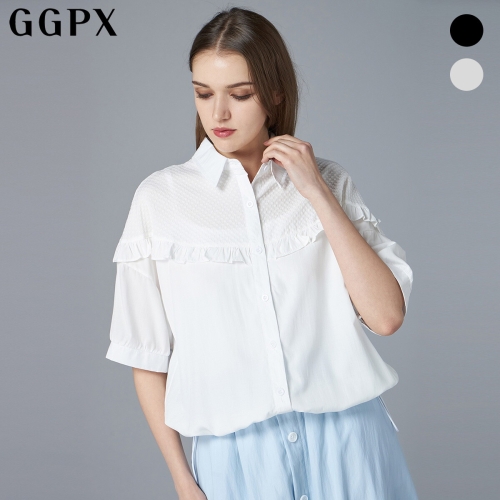 GGPX 엠보 배색 프릴 스트링 블라우스 GO6SH025F - 에누리 가격비교